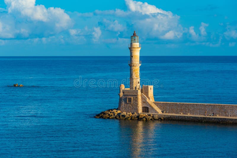 Venetian Lighthouse at the Port of Chania at Crete, Greece Stock Photo ...