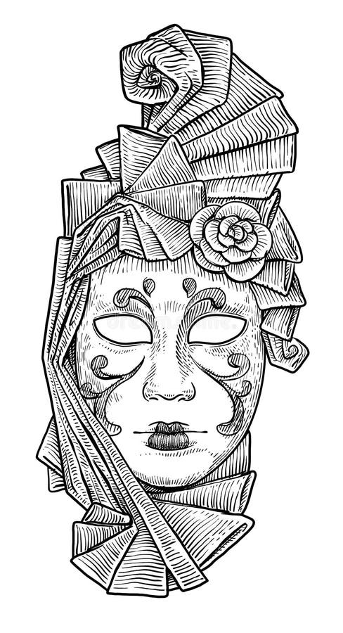 Venetian Mask Illustration Drawing Engraving Ink Line Art Vector
