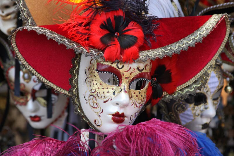 Venetian masks in red hat. stock photo. Image of fancy - 13872798