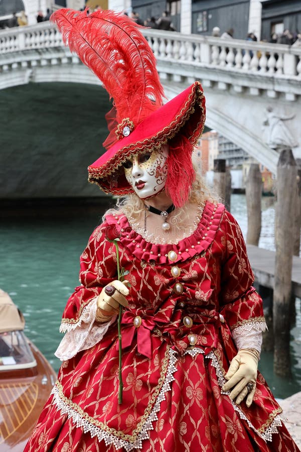 Venetian Woman With Red Costume At The Venice Carnival Editorial Stock Image Image Of City