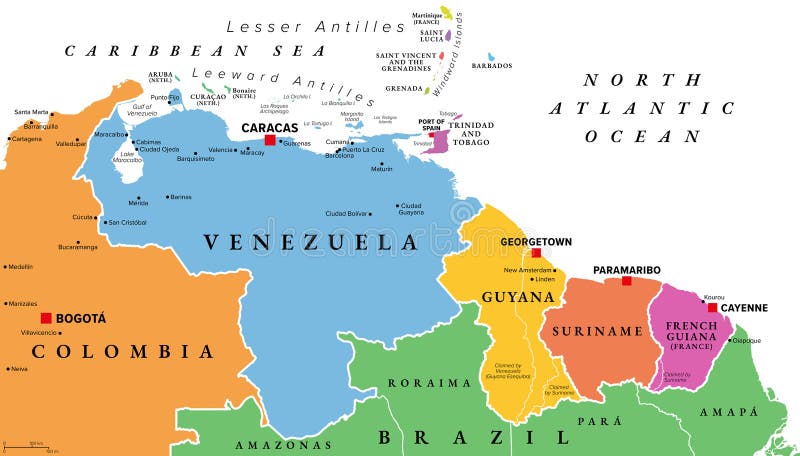 Venezuela and the Guianas, Multi Colored Political Map Stock Vector ...