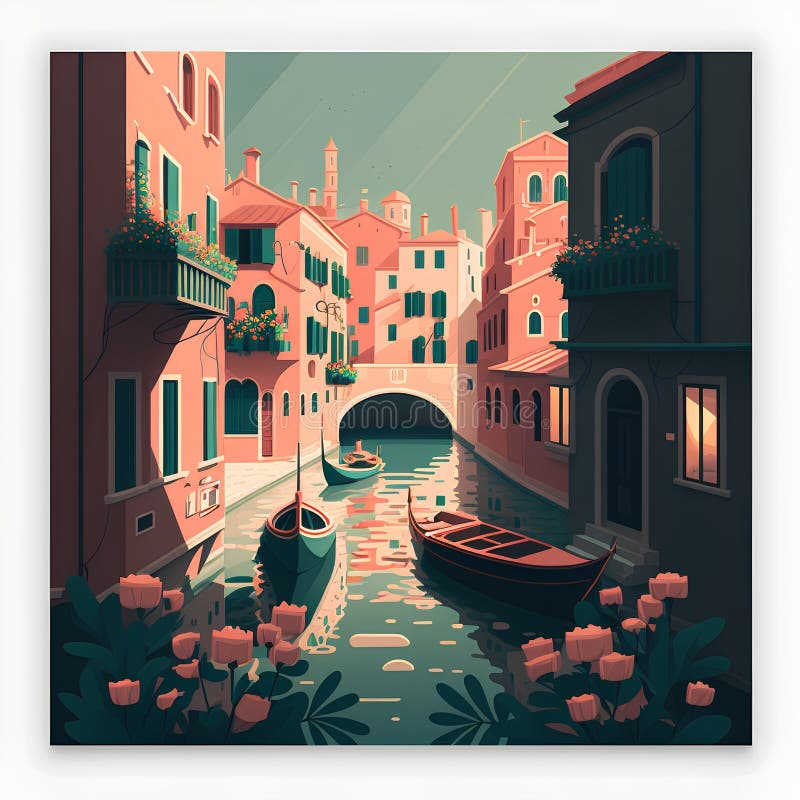 Venice Canal with Gondolas and Flowers. Vector Illustration Stock ...