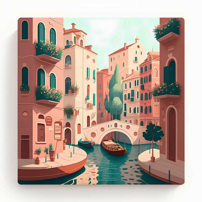 Venice Cityscape with Gondola on Canal, Vector Illustration Stock ...