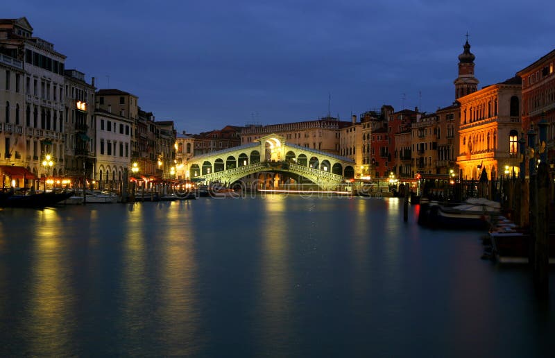 Rialto Bridge at Night, Venice, Italy Stock Photo - Image of european ...