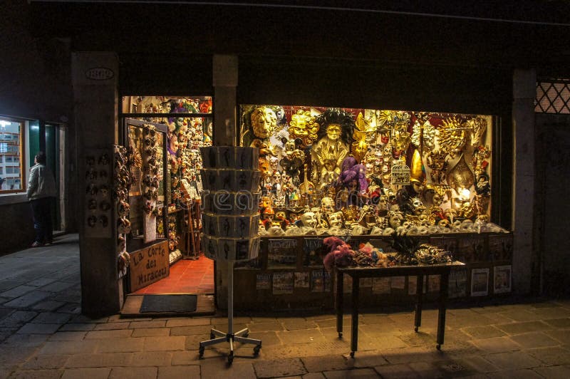 Venice shops in the night. stock photo. Image of editorial - 173218130