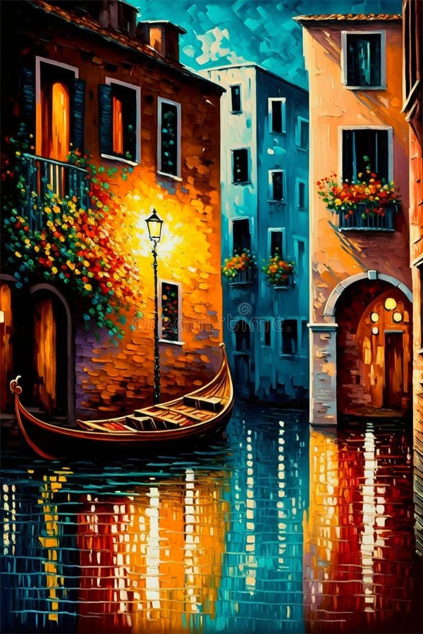 Venice Streets and Canals in Impressionist Art Style Stock Illustration ...