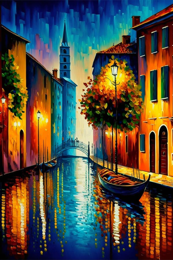 Venice Streets and Canals in Impressionist Art Style Stock Illustration ...