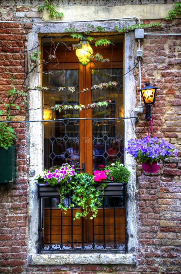 Venice Window with Flowers and Lights Stock Image - Image of style ...