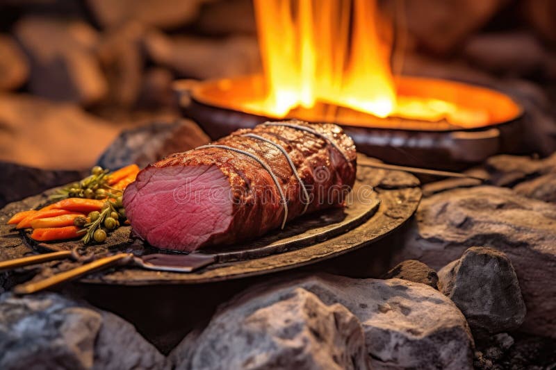 Venison Tenderloin Searing on a Hot Rock Next To Campfire Stock Photo ...