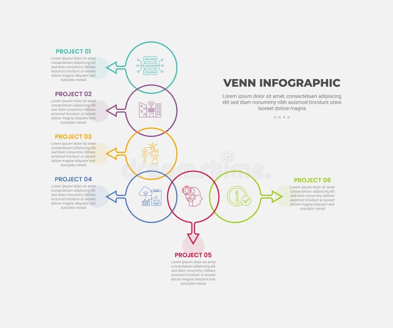 Venn Diagram Infographic Outline Style with 6 Point Template with ...