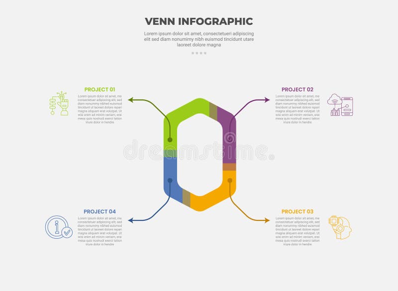 Venn Diagram Infographic Outline Style with 4 Point Template with Long ...