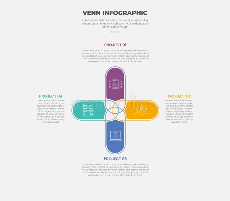 Venn Diagram Infographic Outline Style with 4 Point Template with Round ...