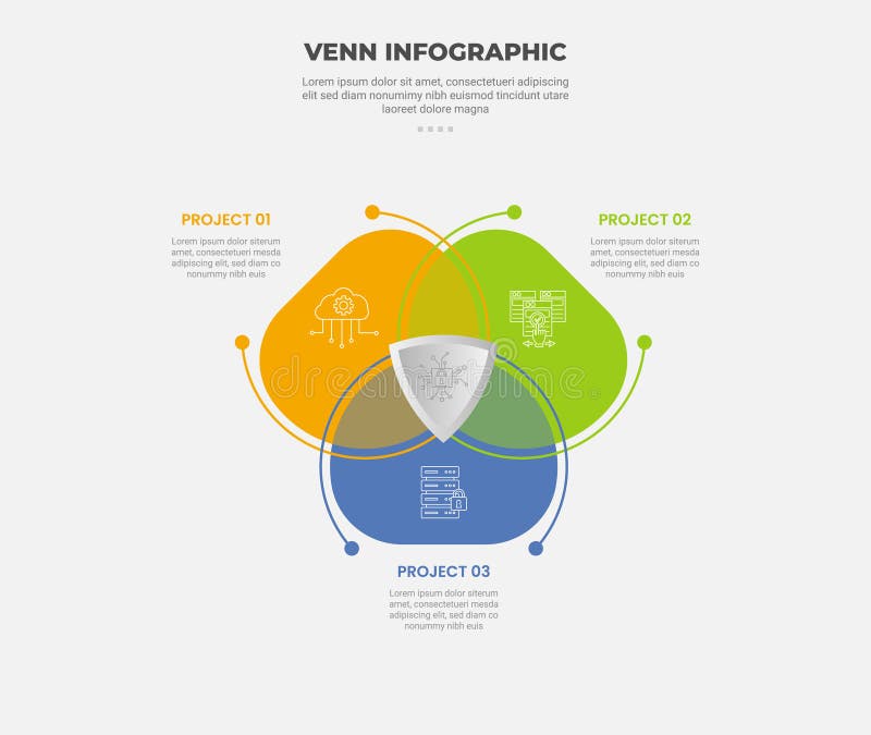 Venn Diagram Infographic Outline Style with 3 Point Template with Round ...