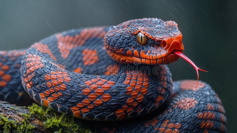 Venomous Snake Coiled on Mossy Branch in Rainforest Stock Illustration ...