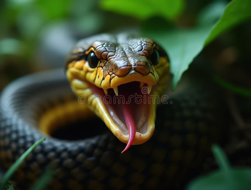 Venomous Snake Showing Fangs and Forked Tongue in Jungle Stock ...