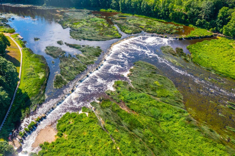 Venta Waterfall in the Fog, Kuldiga, Latvia. Captured from Above Stock ...