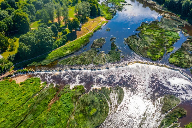 Venta Waterfall in the Fog, Kuldiga, Latvia. Captured from Above Stock ...