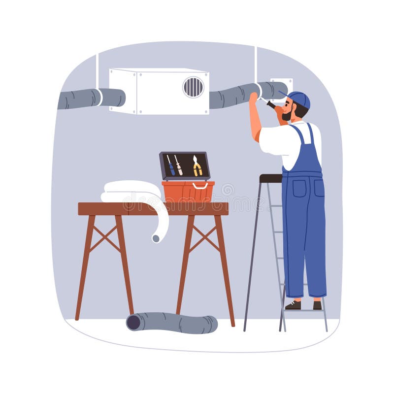 Ventilation Installation, HVAC Repair. Man Worker Installing Air ...