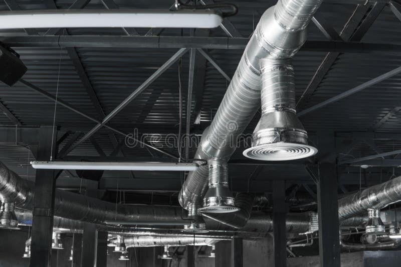 Ventilation System on the Ceiling of Large Buildings. Ventilation Pipes ...