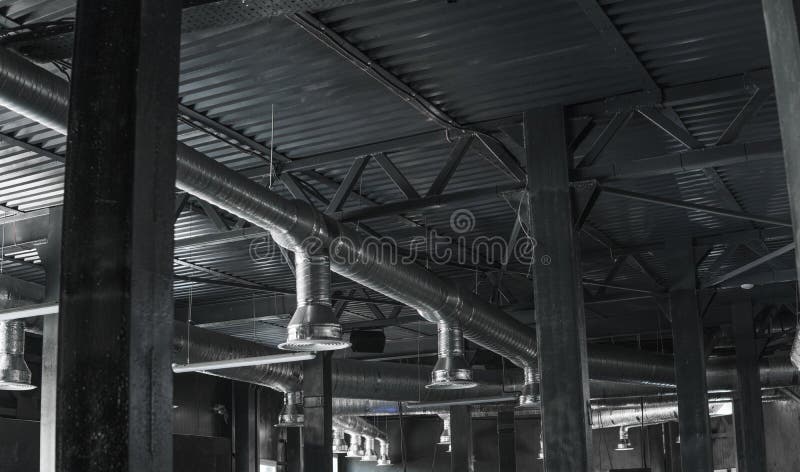 Ventilation System on the Ceiling of Large Buildings. Ventilation Pipes ...