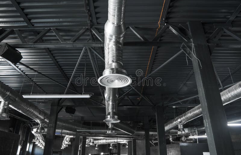 Ventilation System on the Ceiling of Large Buildings. Ventilation Pipes ...