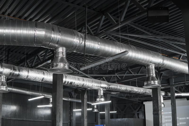 Ventilation System on the Ceiling of Large Buildings. Ventilation Pipes ...