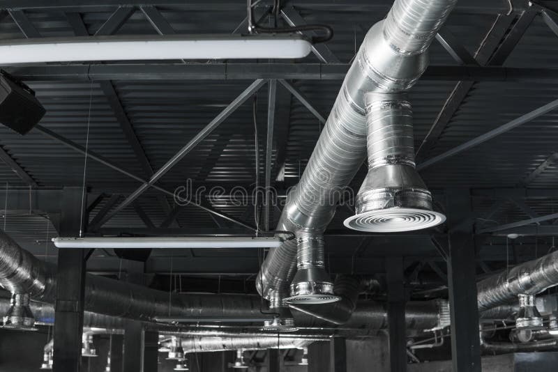 Ventilation System on the Ceiling of Large Buildings. Ventilation Pipes ...