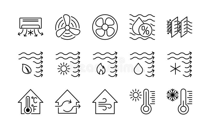 Ventilation Vector Line Icons with Air Conditioning, Air Cooling, Fan ...