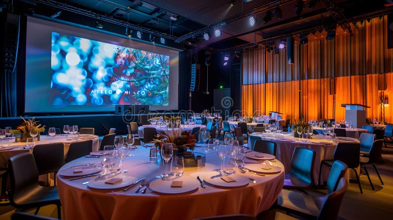Elegant Event Venue with Round Tables and Large Screen Stock Photo ...