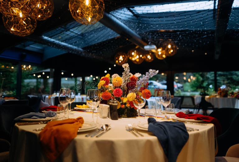 Venue for a Wedding Reception with Decor, Selective Focus on Tables and ...