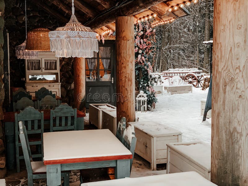 Veranda Cafe Winter Farmhouse Rustic Stock Photo - Image of tree ...