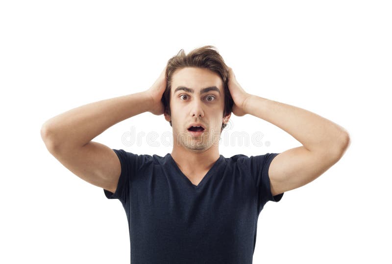 Verbaasd De Holdingshoofd Van De Jonge Mensenhand Stock Foto - Image of ...