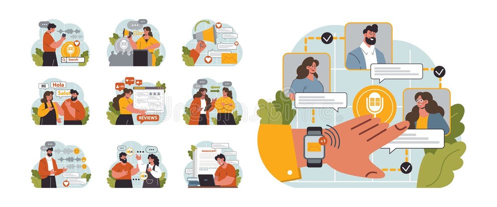 Verbal Communication Set. Public Speaking, Talking through a Digital ...