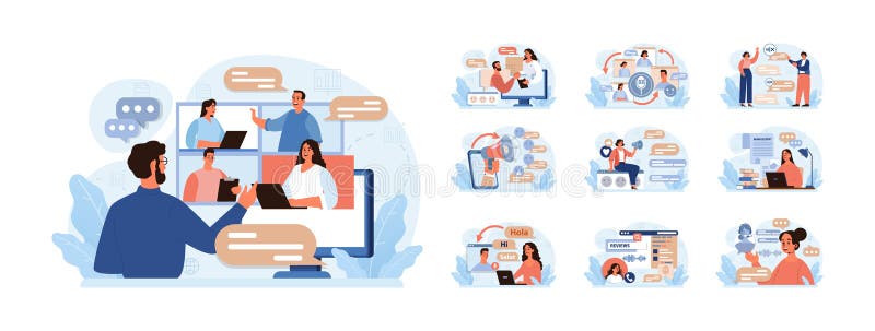 Verbal Communication Set. Public Speaking, Talking through a Digital ...