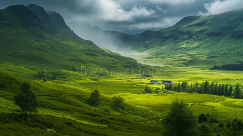 Verdant Escapes: Exploring the Scottish Highland. Stock Illustration ...