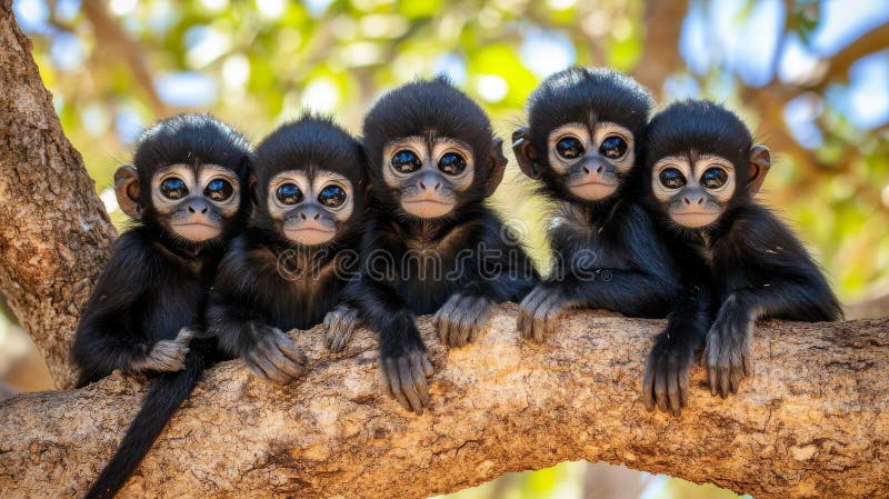 In a Verdant Jungle, Five Monkeys Perch on a Tree Branch, Enjoying Their Fruit Stock Photo ...