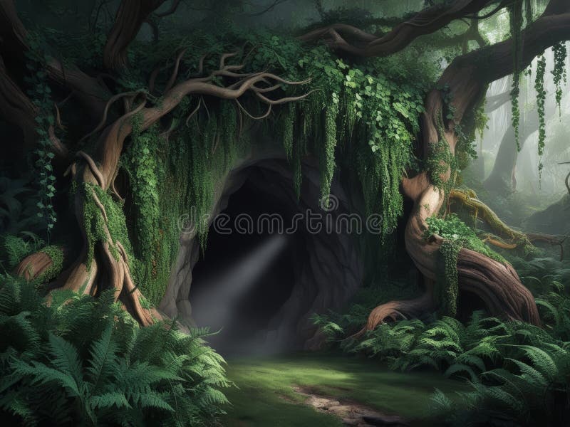 A Verdant Moss Covered Tree Root System Surrounds a Dark Cave Entrance ...