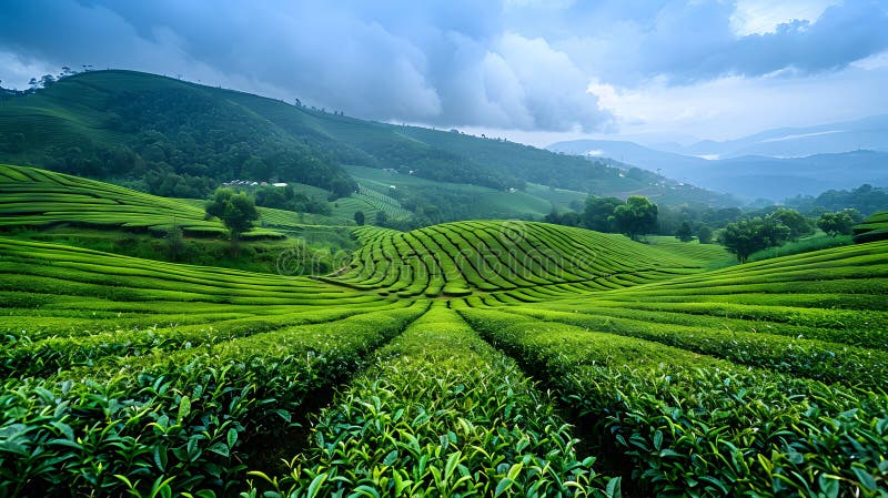Verdant Tea Plantations at Dusk. Generative AI Stock Illustration ...