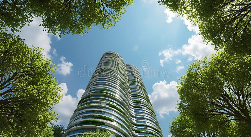 Verdant Tower Against a Clear Sky, Lush Trees Frame Modern Architecture ...