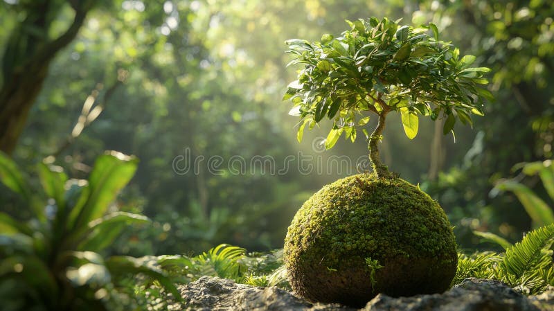 A Verdant Tree Atop a Globe, Surrounded by a Lush Tropical Landscape ...