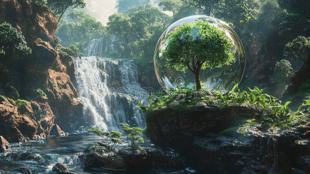 A Verdant Tree Encased in a Globe, Situated by a Waterfall in a ...