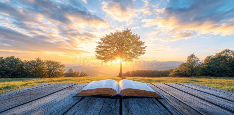 A Verdant Tree Grows from an Open Book on a Wooden Platform As the Sun ...