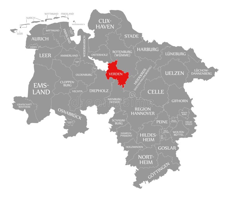 Verden County Red Highlighted in Map of Lower Saxony Germany Stock ...