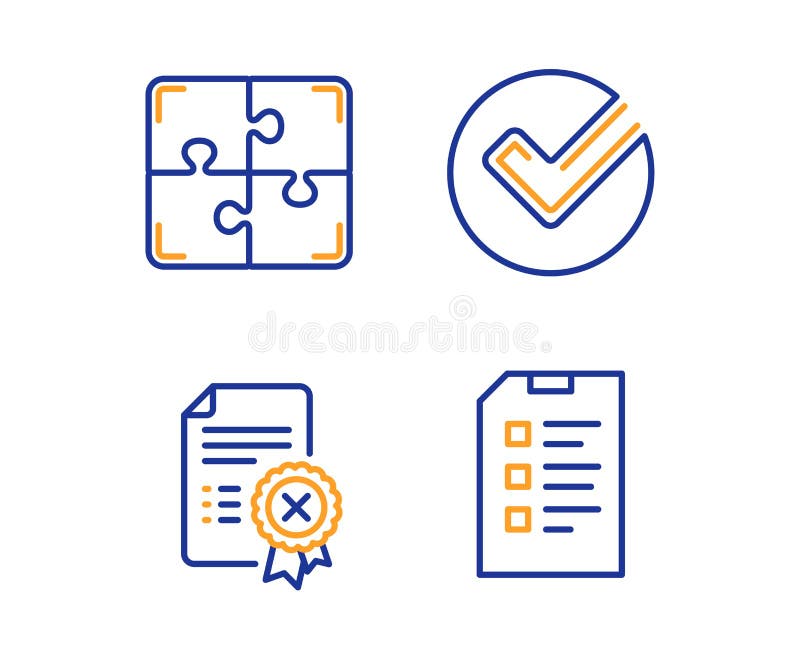 Verify, Reject Certificate and Puzzle Icons Set. Checklist Sign. Vector ...