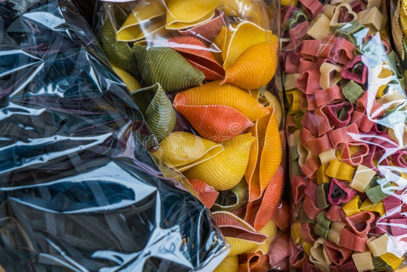Verities of Colorful Pasta Packed in Plastic Bags Stock Photo - Image ...