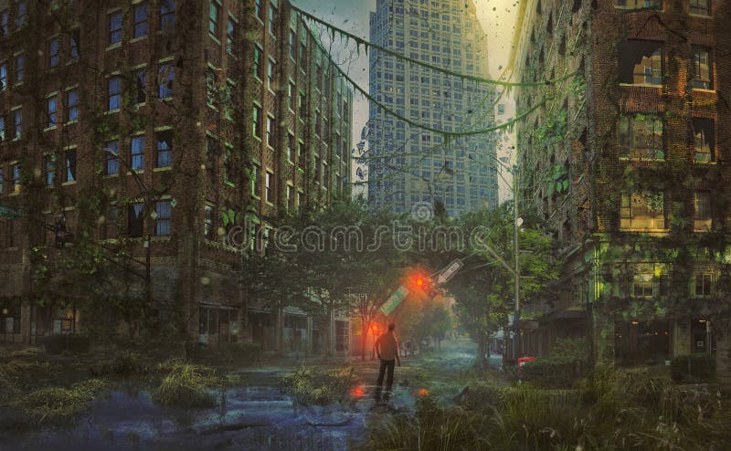 Verlassene Stadt mit Mann stockfoto. Bild von alleine - 75966462