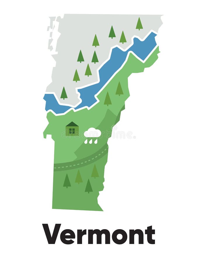 Vermont Map Shape of States Cartoon Style with Forest Tree and River ...