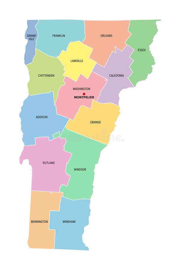 Vermont, U.S. State, Subdivided into 14 Counties, Multi Colored Map ...