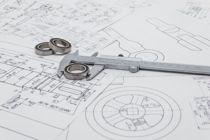 Vernier Caliper Lying on Mechanical Scheme with Bearings. Stock Photo ...