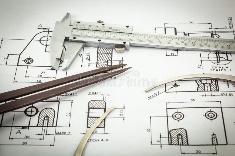 Calipers and Mechanical Drawing Stock Image - Image of draft, hydraulic ...